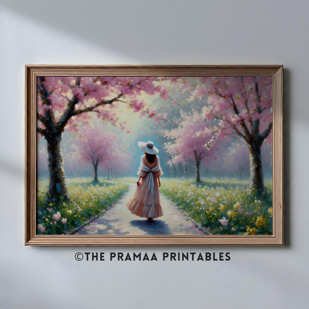 Spring Pathway Landscape Painting, Romantic Woman Under Cherry Blossoms ...