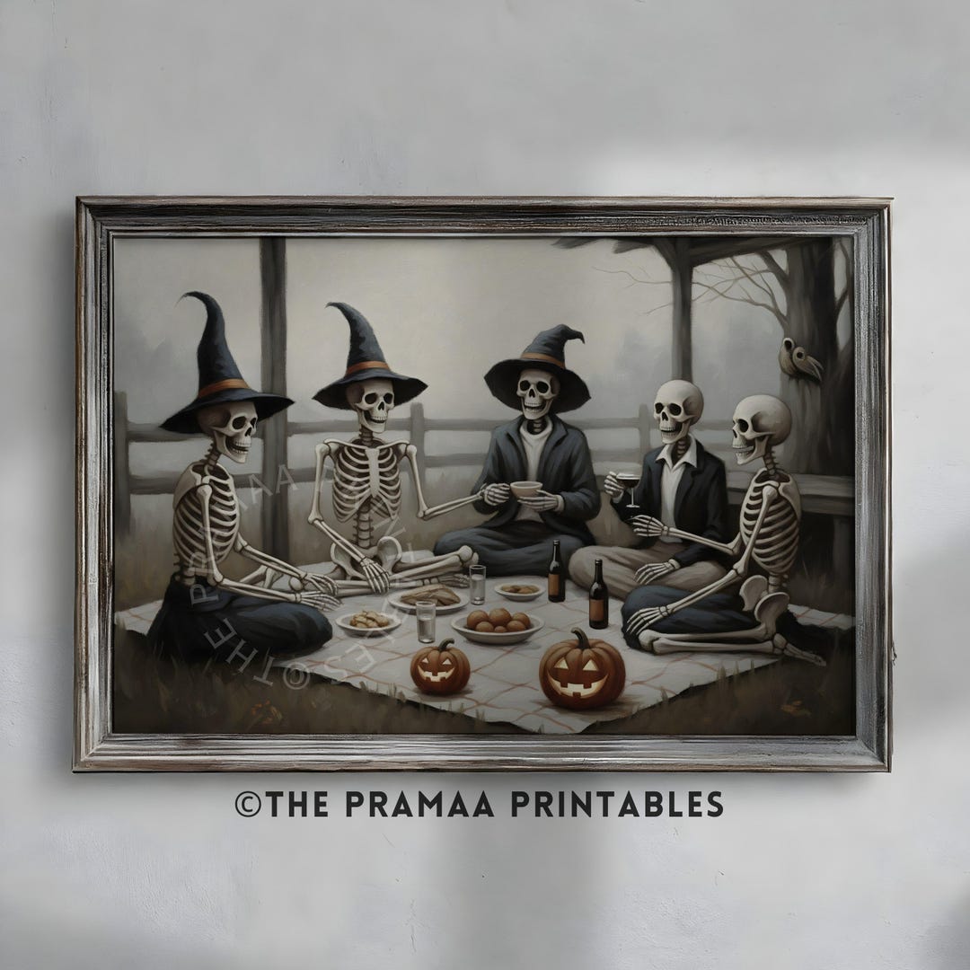 Skeleton Picnic Halloween Wall Art, Funny Skeleton Painting Rustic ...