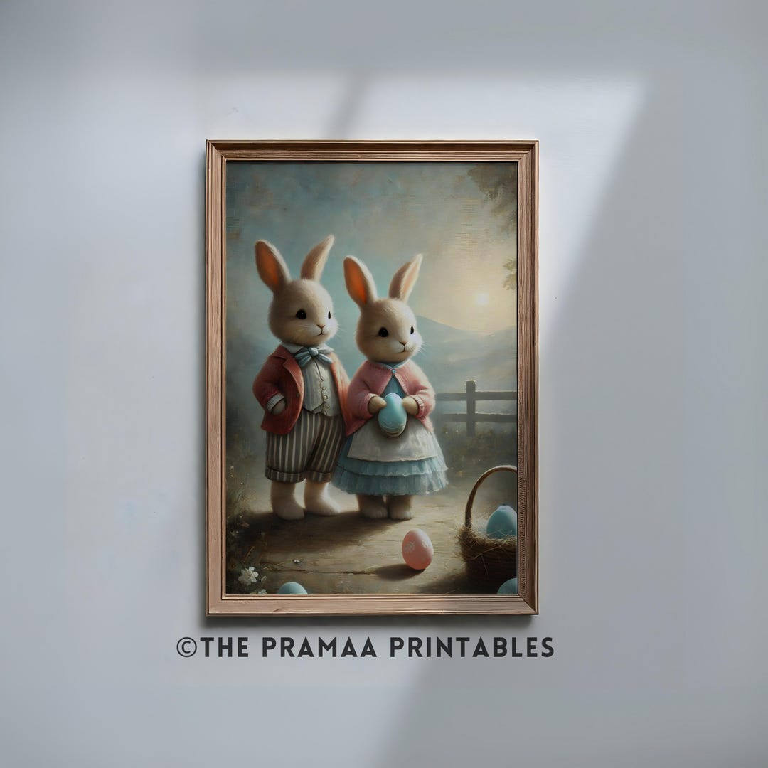 Vintage Easter Bunny Art Print, Cute Rabbit Couple Painting Pastel ...