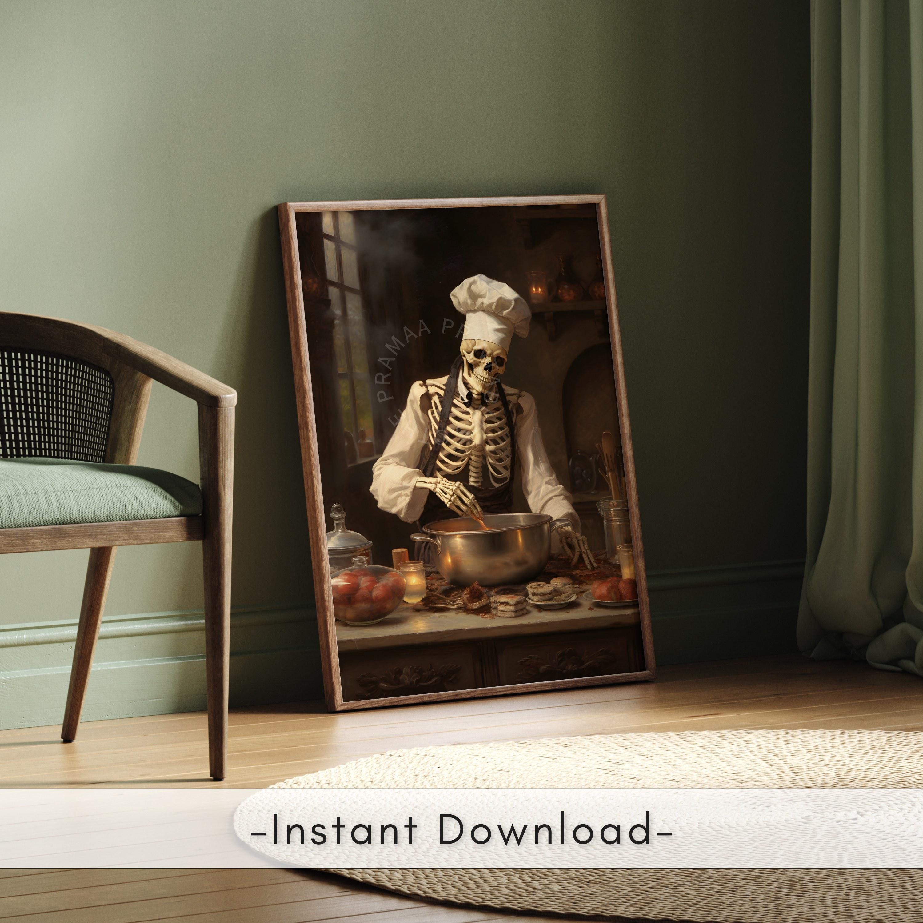 Skeleton Chef Print Vintage Halloween Painting, Skeleton Cooking Gothic ...