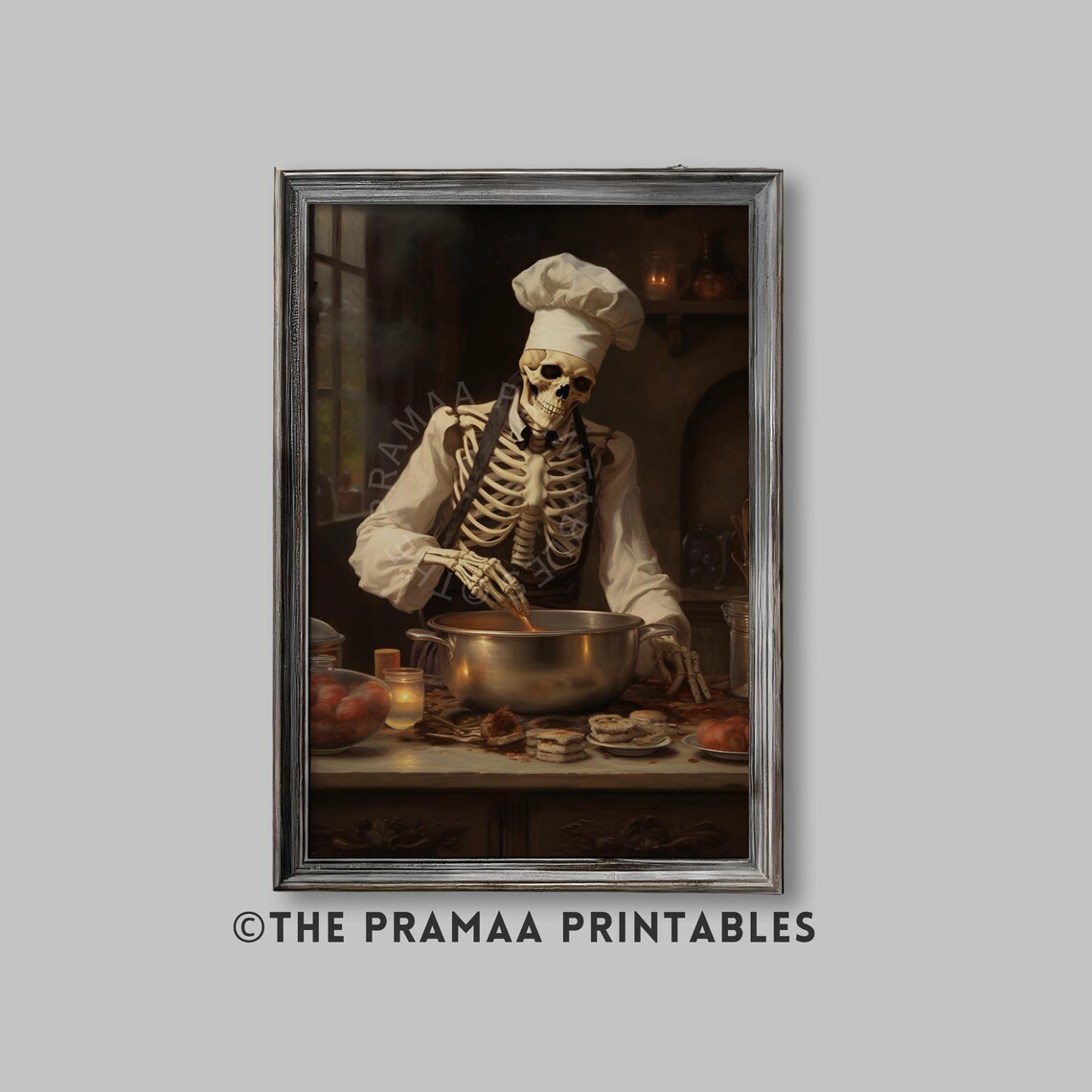 Skeleton Chef Print Vintage Halloween Painting, Skeleton Cooking Gothic ...