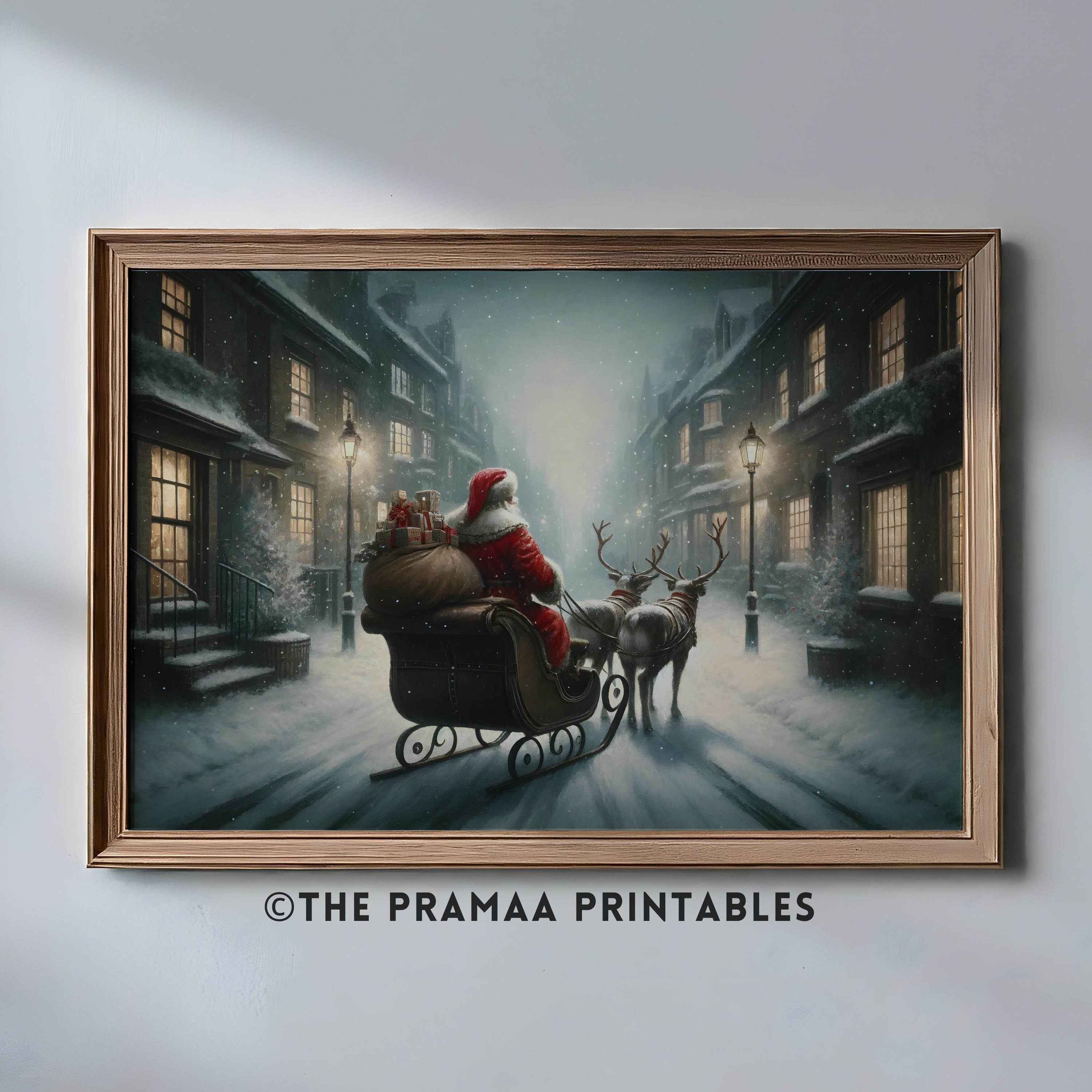 Santa Claus Sleigh With Reindeer Painting Vintage Christmas Print ...