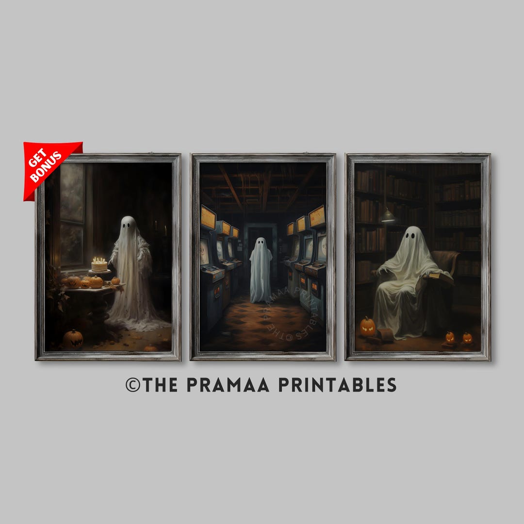 Ghost Gallery Wall Art Set of 3, Spooky Ghosts Painting Vintage ...