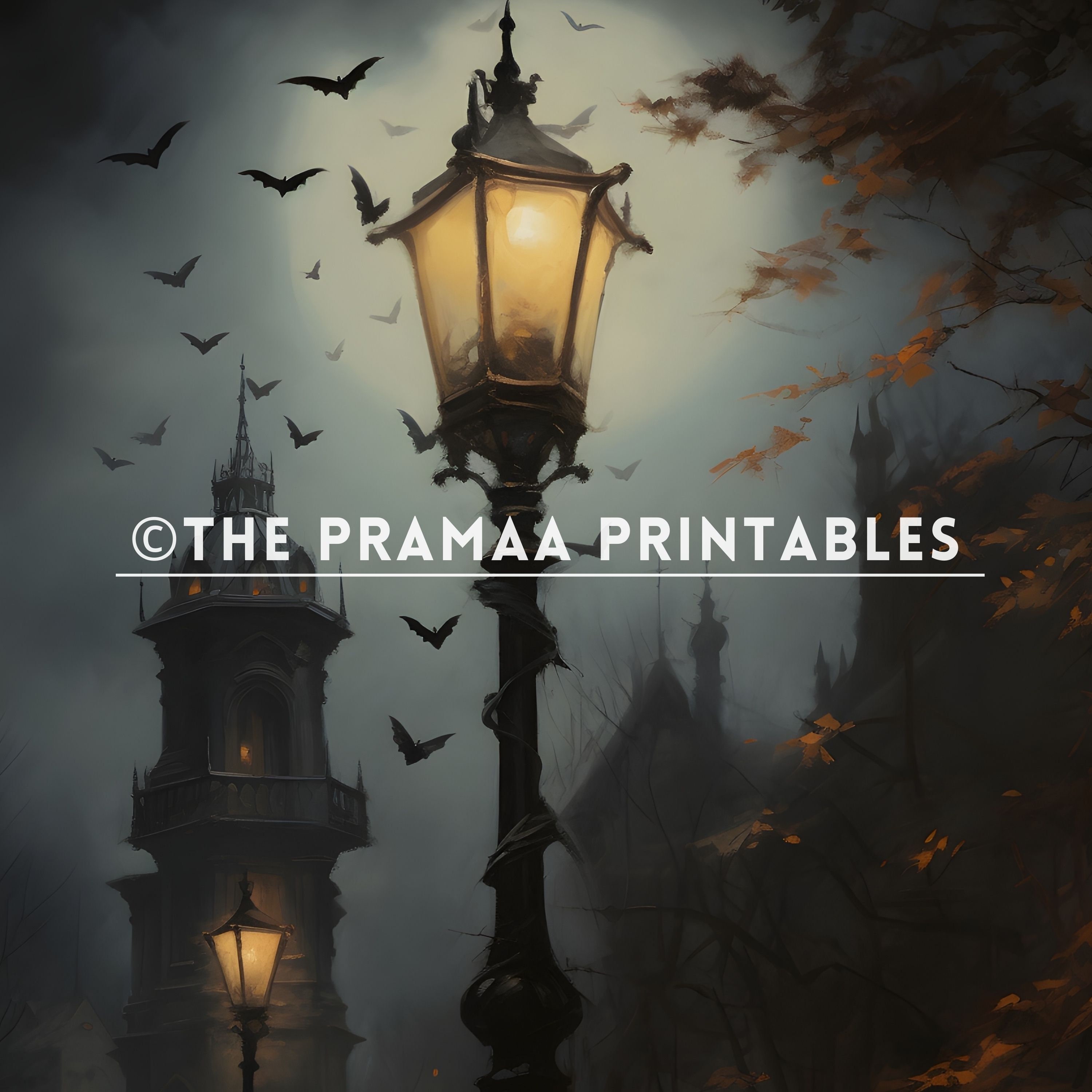 Spooky Street Lamp Print, Halloween Painting Gothic Wall Art Dark ...