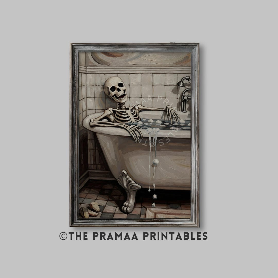 Skeleton in Bathtub Halloween Wall Art, Funny Skeleton Painting Vintage ...