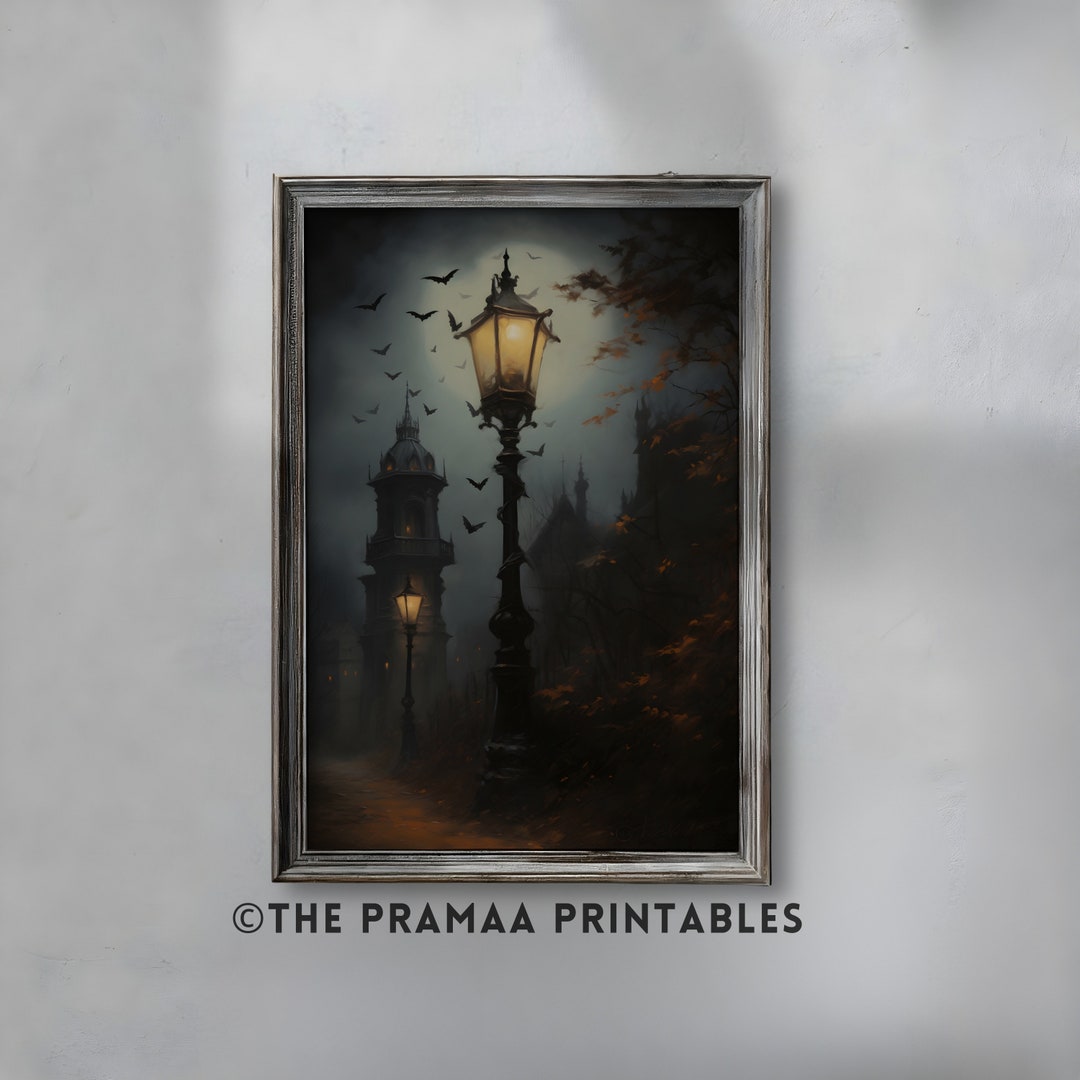 Spooky Street Lamp Print, Halloween Painting Gothic Wall Art Dark ...