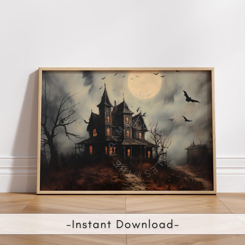 Haunted House Landscape Oil Painting, Spooky Mansion Wall Art Vintage ...