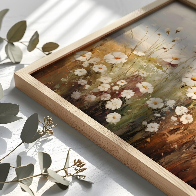 Wildflower Field Vintage Landscape Painting, Neutral Spring Daisy Field ...