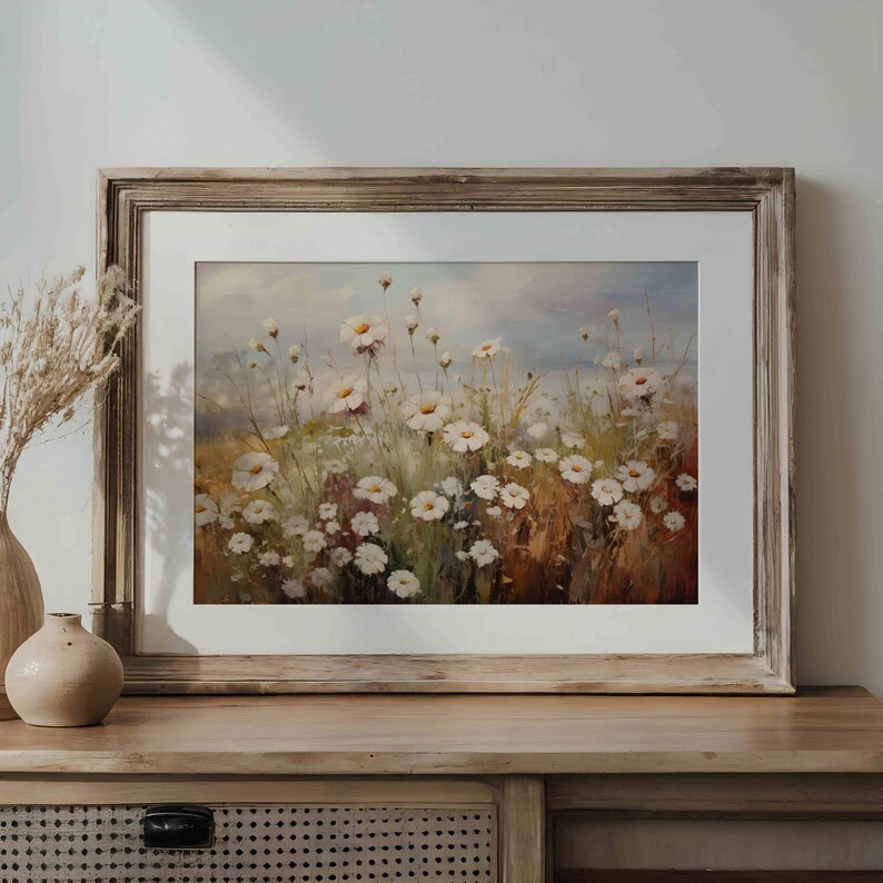 Wildflower Field Vintage Landscape Painting, Neutral Spring Daisy Field ...