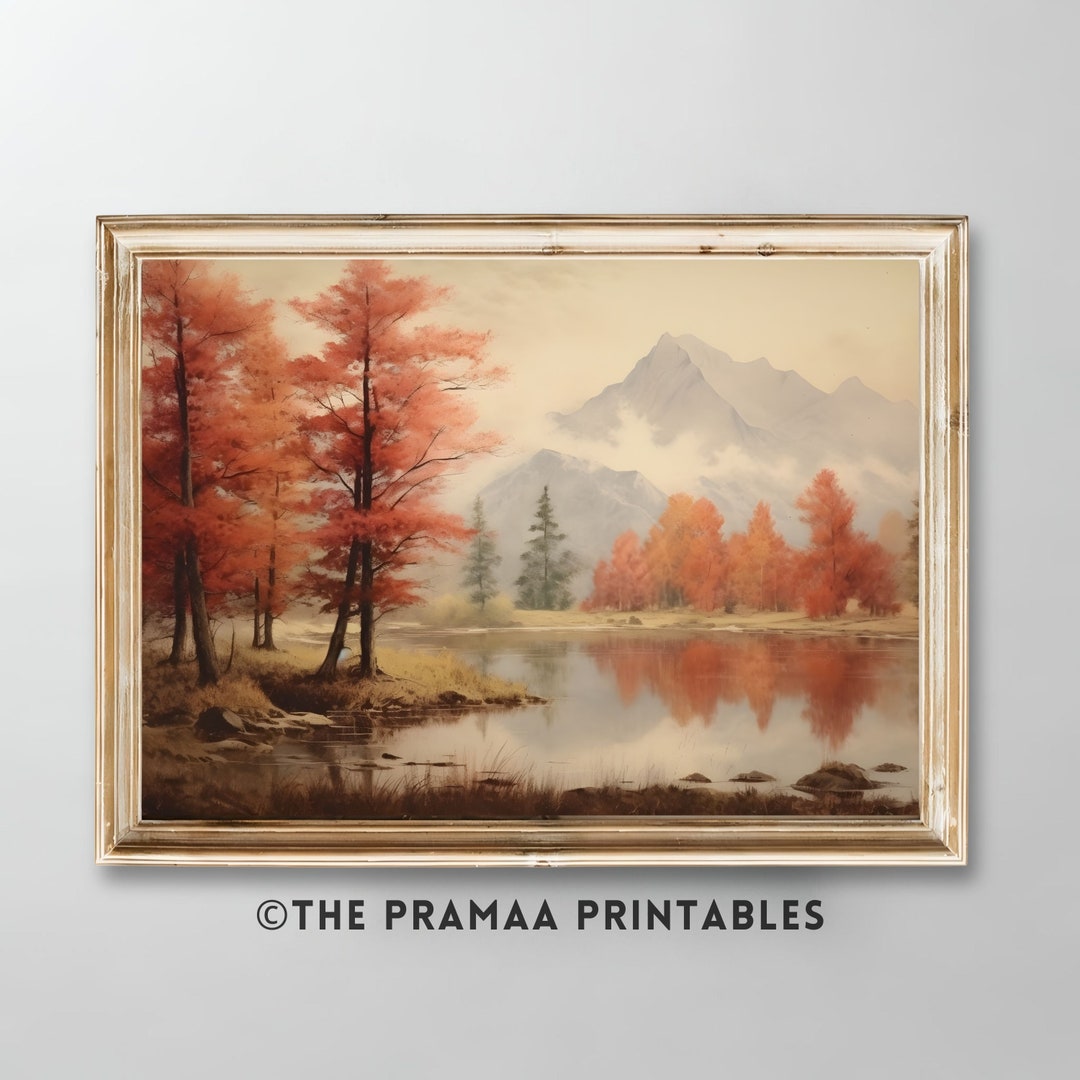 Fall Vintage Landscape Wall Art, Antique Autumn Painting Poster Moody ...