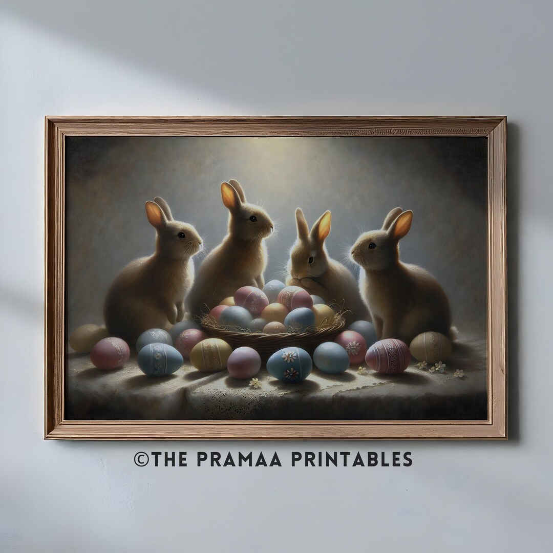 Vintage Easter Bunny Landscape Painting, Moody Rabbits Art Print Pastel ...