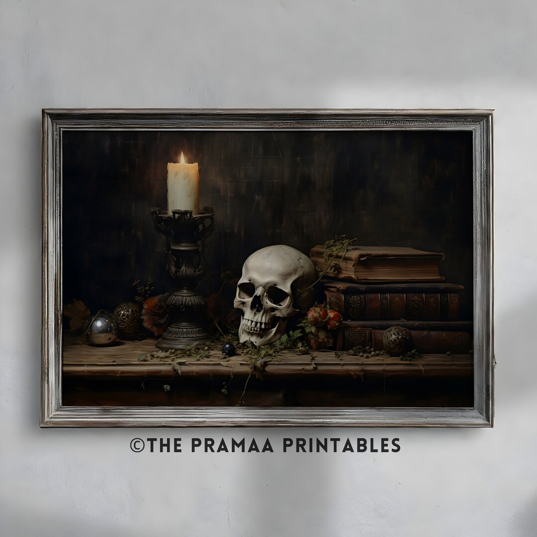 Skull Still Life Vanitas Painting Halloween Print, Gothic Wall Art Dark ...