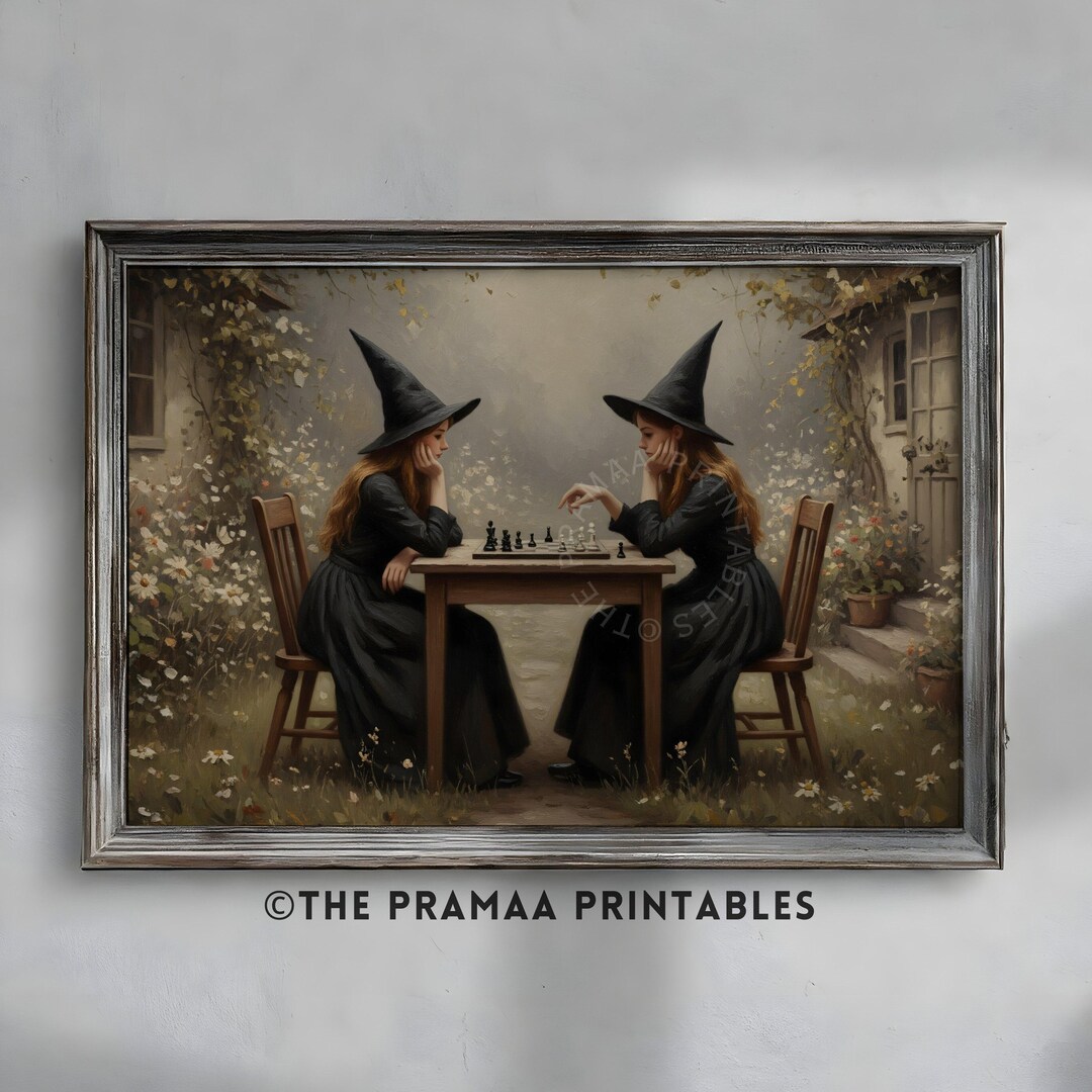 Witch Sisters Halloween Wall Art, Two Witches Playing Chess Painting ...