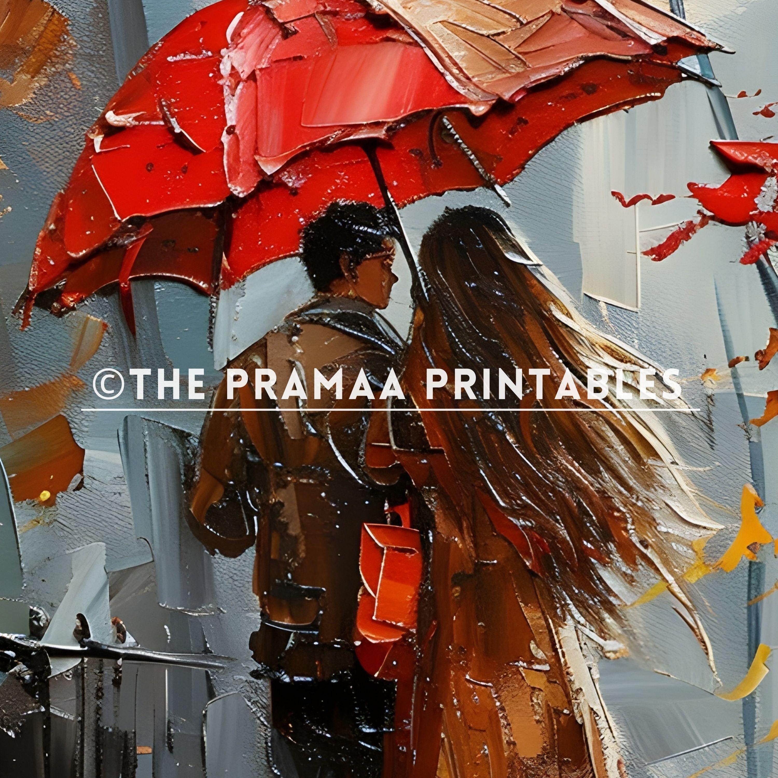 Romantic Couple Autumn Walk Painting, Lovers Under Red Umbrella Wall ...
