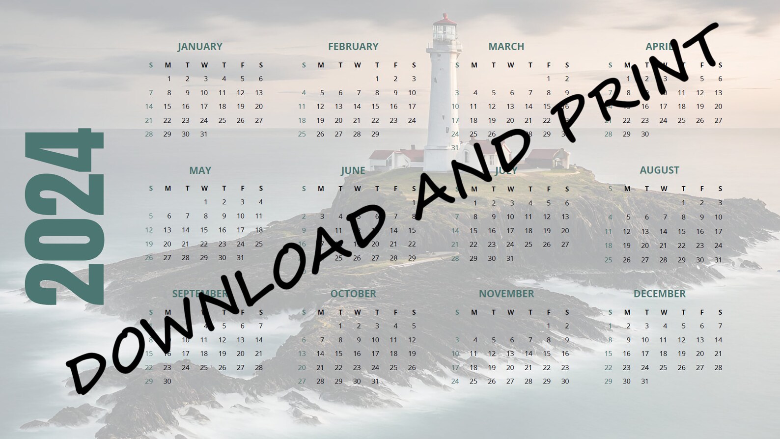 2024 Printable Yearly Calender, Colored Lighthouse Calender, Pdf ...