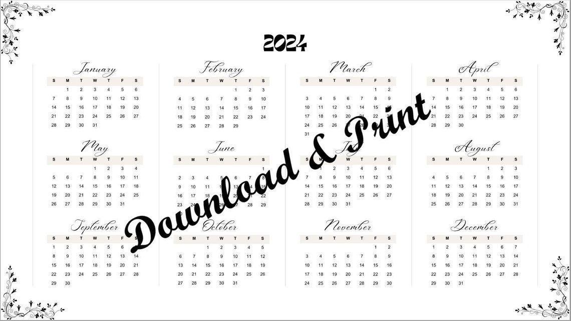 2024 Printable Yearly Calendar, Year at Glance Calendar, Pdf Download ...