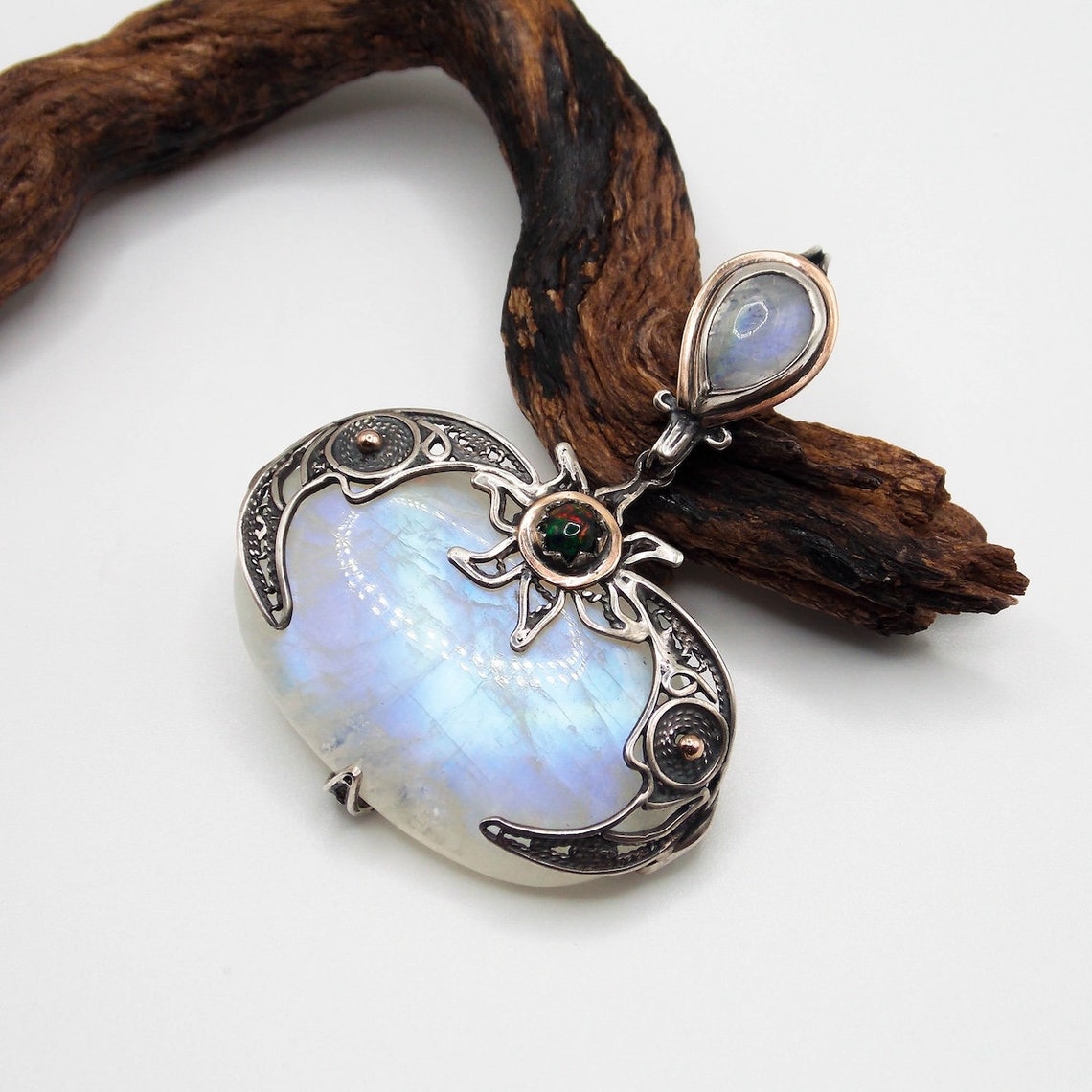 Large Silver Pendant in the Shape of a Moon With a Moonstone and Opal ...