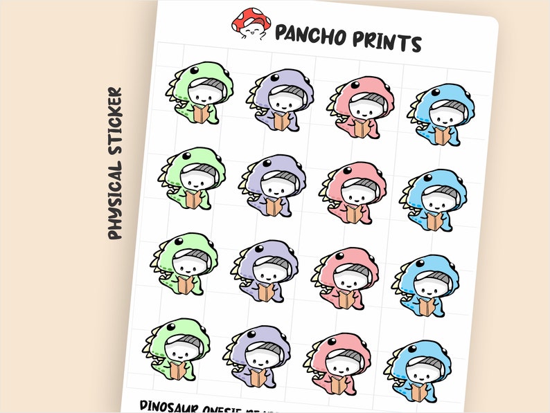 Dinosaur Onesie Chibi Doodle Sticker Sheet | Matte Laminated | Hand ...