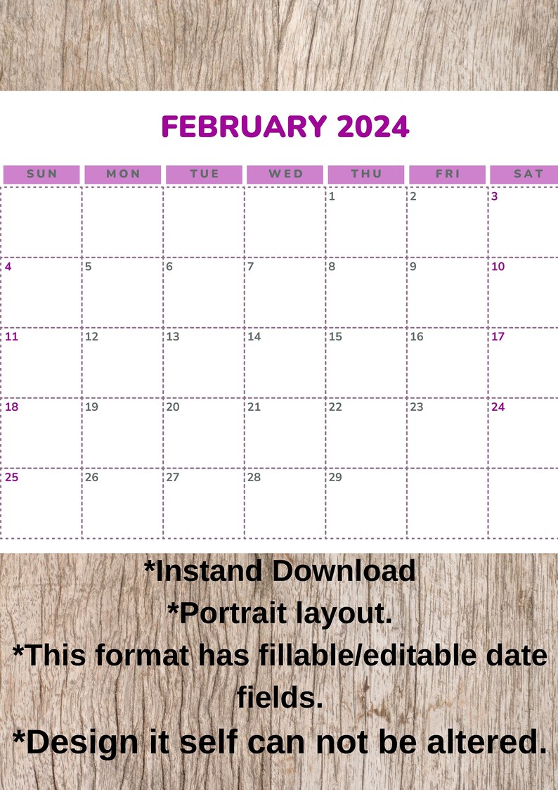 Fillable/editable February Calendar February 2024 Calendar Simple ...