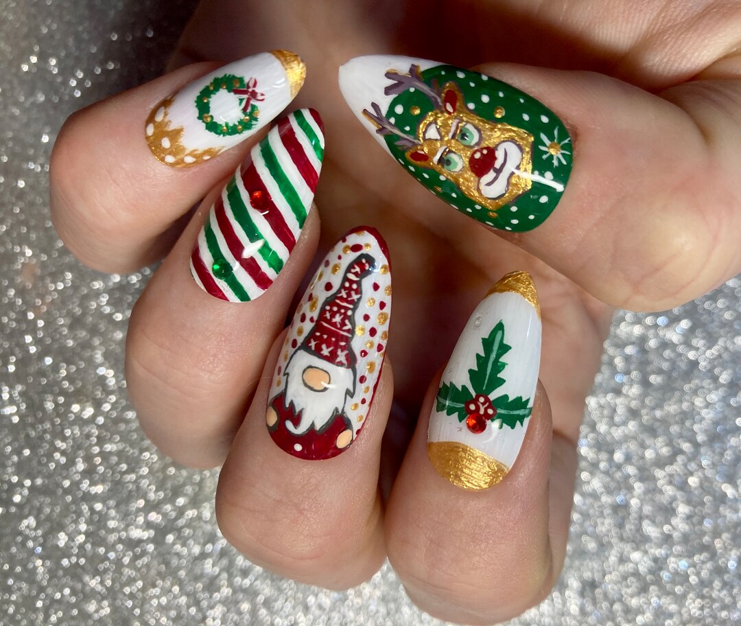 Gonk Christmas Press on False Nails Stiletto Shape 3D Custom Hand ...