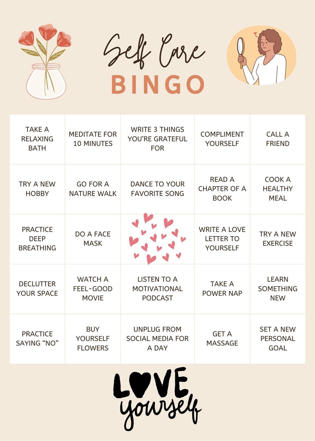 Self Love Bingo Template Digital Download Printable Self Care Activity ...