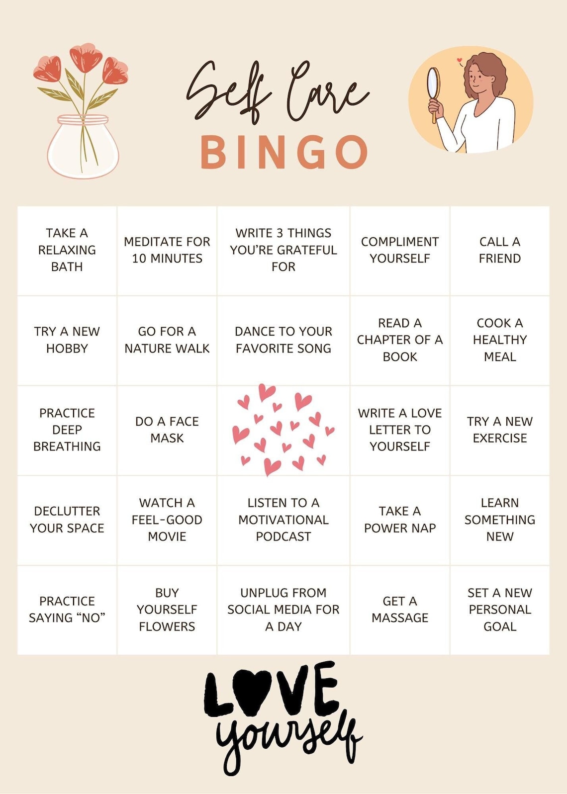 Self Love Bingo Template Digital Download Printable Self Care Activity ...
