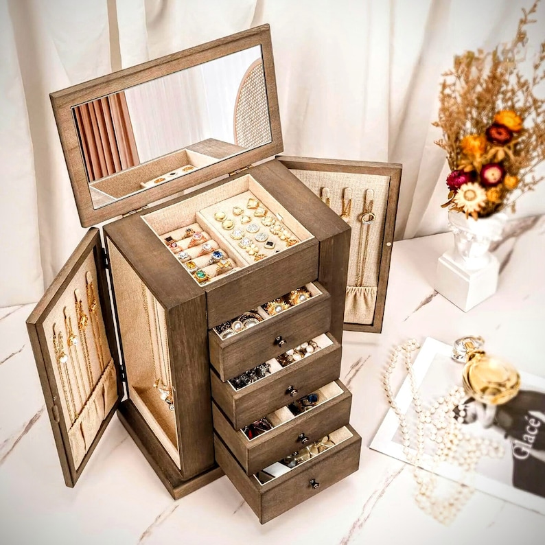 Jewelry Organizer,large Jewelry Box,7-tier Wooden Jewelry Box With Lock ...