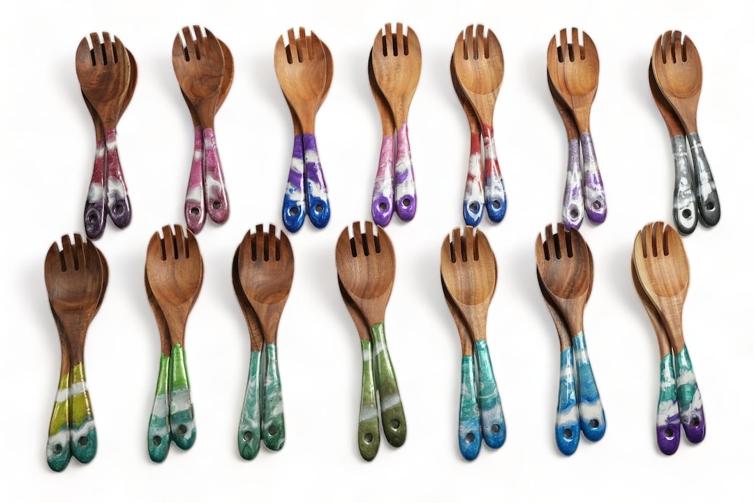 Wood & Epoxy Resin Salad Serving Set - Colorful Kitchen Utensils Fork ...