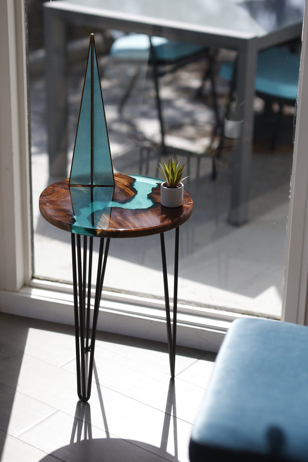 Epoxy Resin End Table: Modern Turquoise Green Wood Side Table With ...