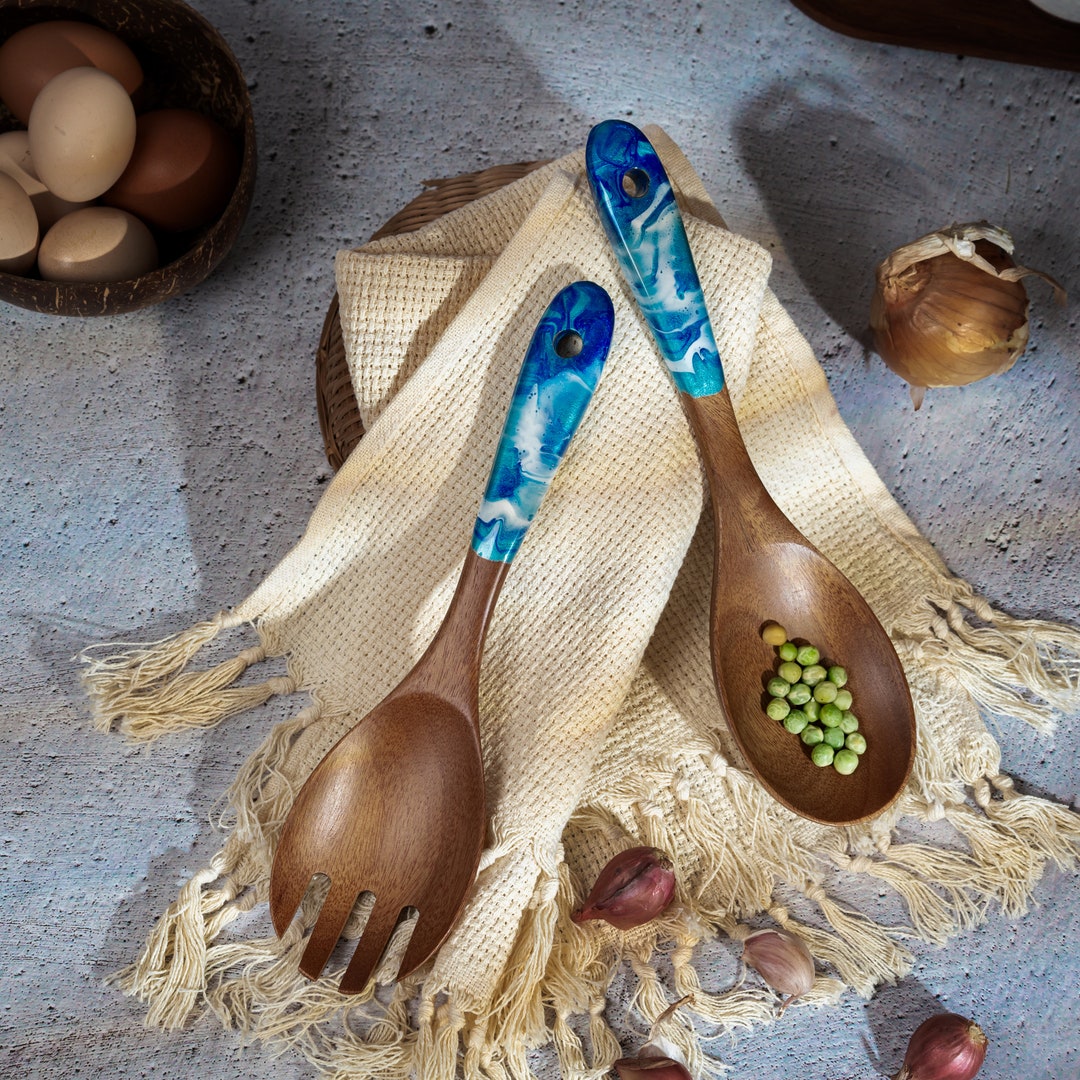 Wood & Resin Serving Spoons - A Set of 2 - Wooden Blue Serving Utensils ...