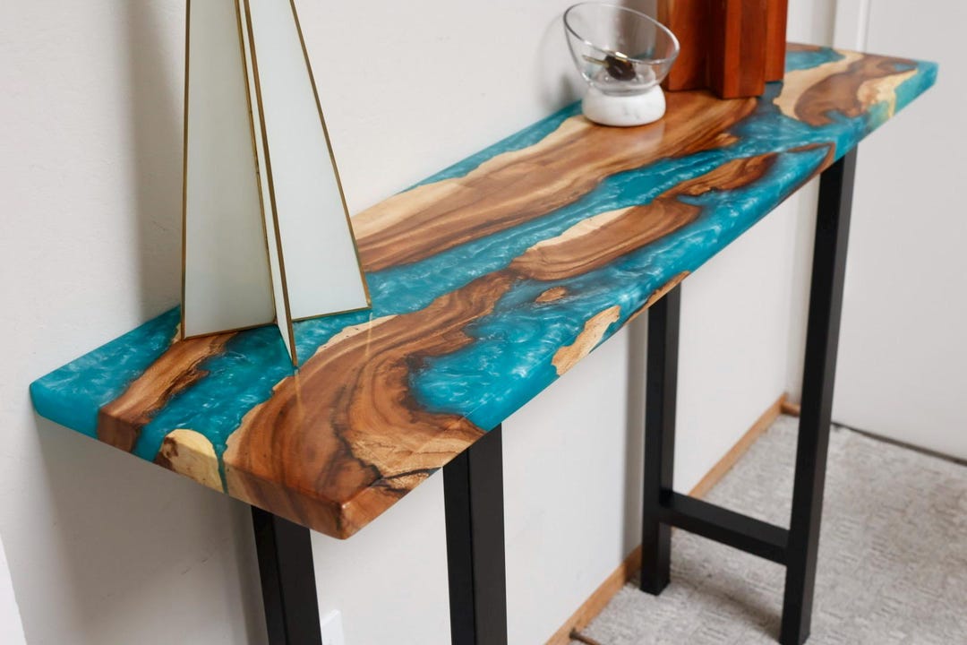 Epoxy Resin Console Table: Turquoise Shimmer Wood Top, Iron Legs (48 X ...