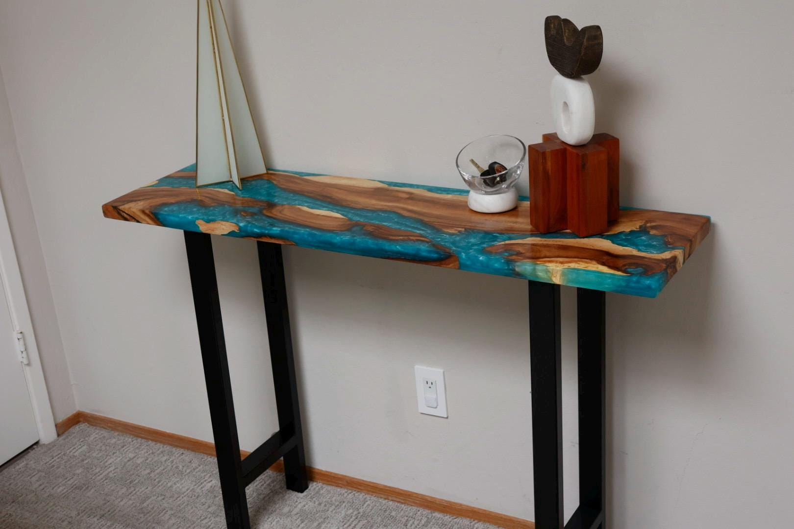Epoxy Resin Console Table: Turquoise Shimmer Wood Top, Iron Legs (48 X ...