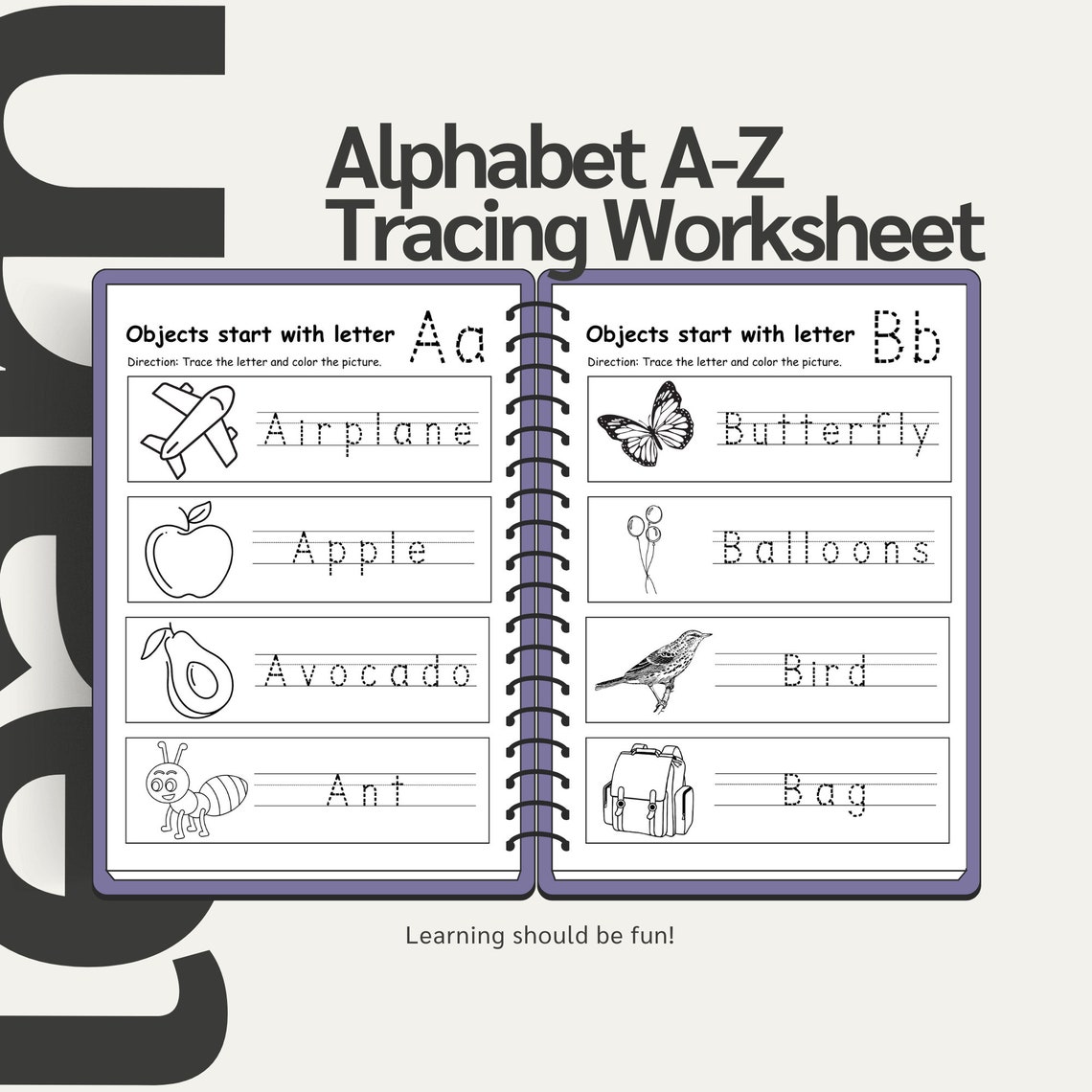 26 Printable Tracing Alphabet and Coloring Picture Worksheet School ...