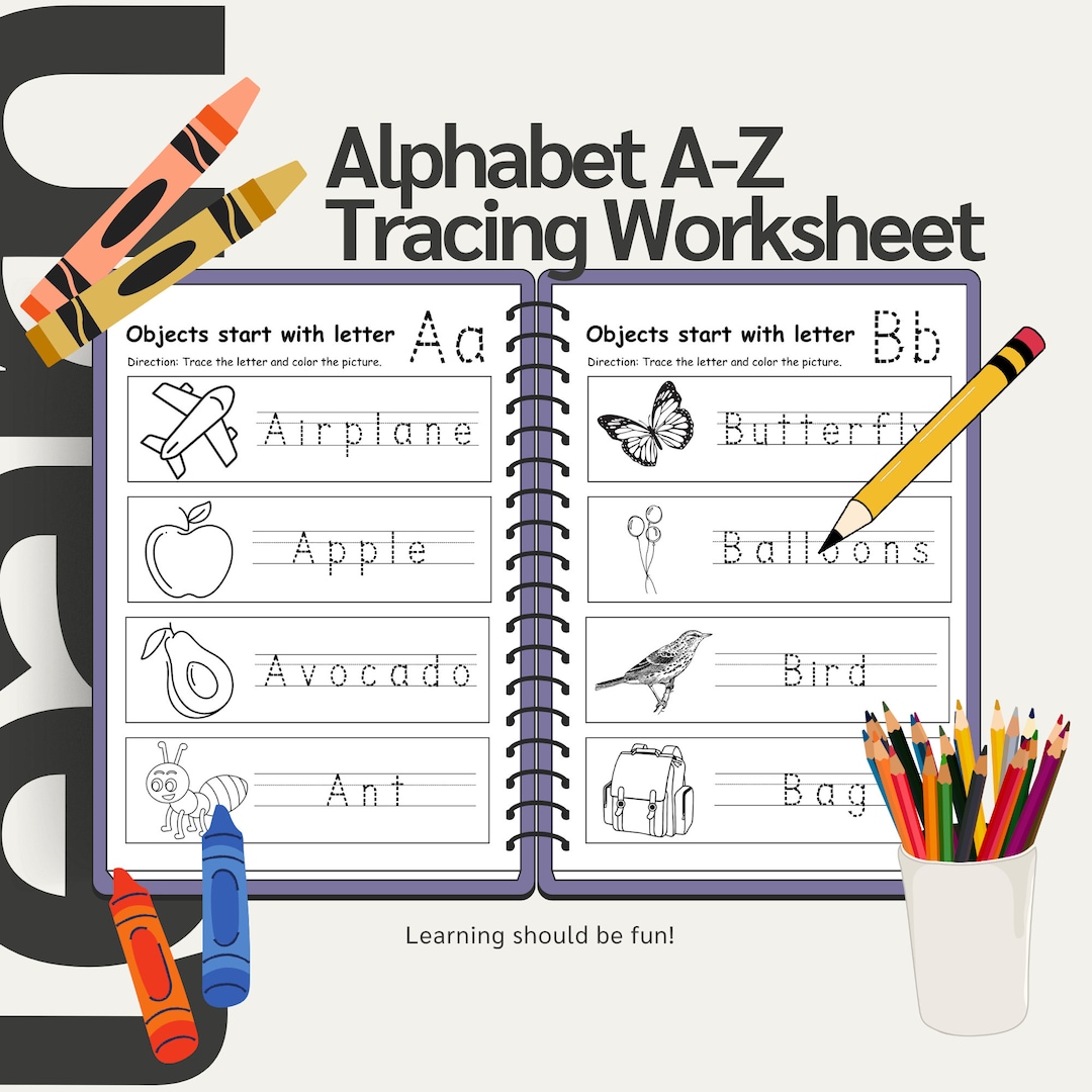 26 Printable Tracing Alphabet and Coloring Picture Worksheet School ...