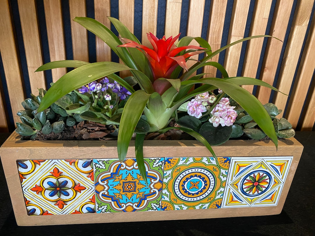 Mexican Tile Patterned Wooden Flowerpot, Tiled Flower Pots, Wooden ...