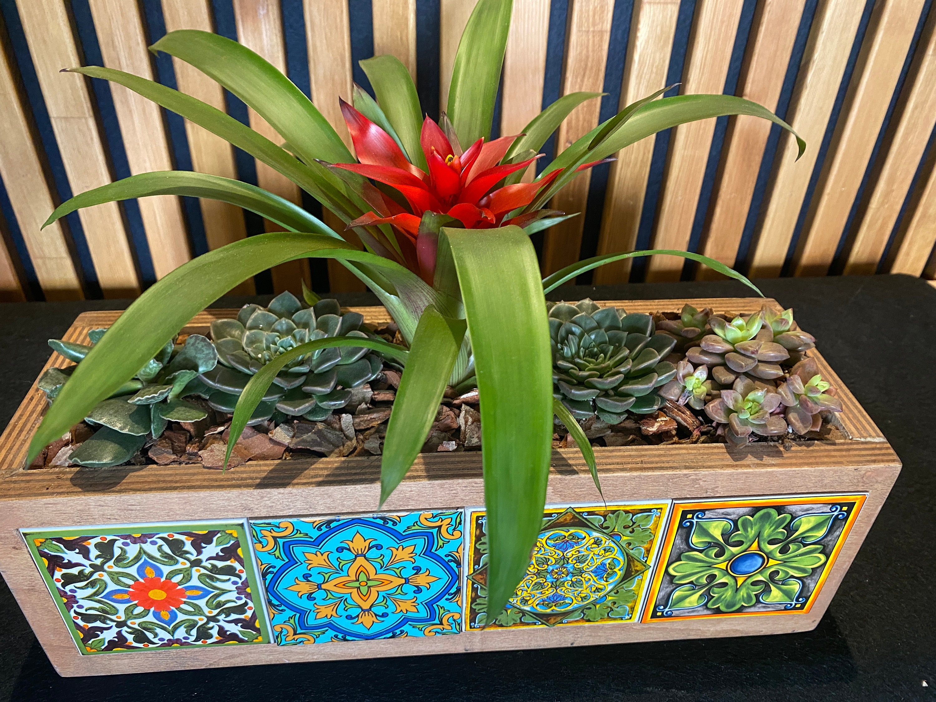 Mexican Tile Patterned Wooden Flowerpot, Tiled Flower Pots, Wooden ...