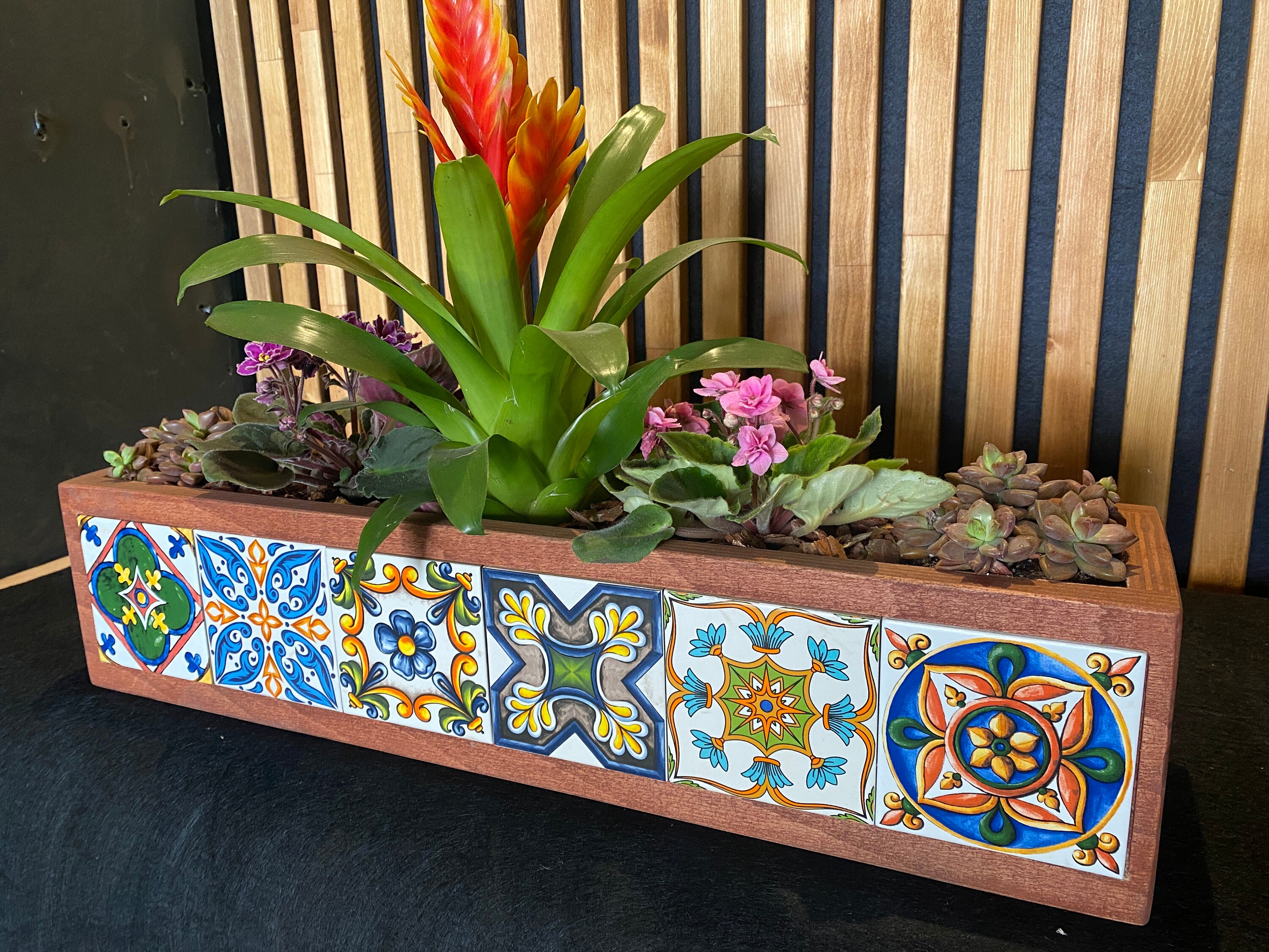 Mexican Tile Patterned Wooden Flowerpot, Tiled Flower Pots, Wooden ...