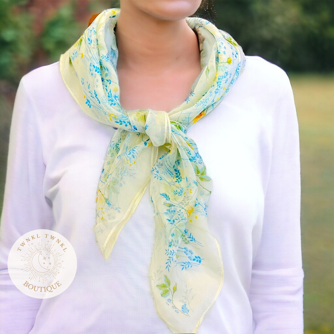 Blue and Yellow Silk Feel Floral Scarf Spring Mini Short Scarf Chiffon ...
