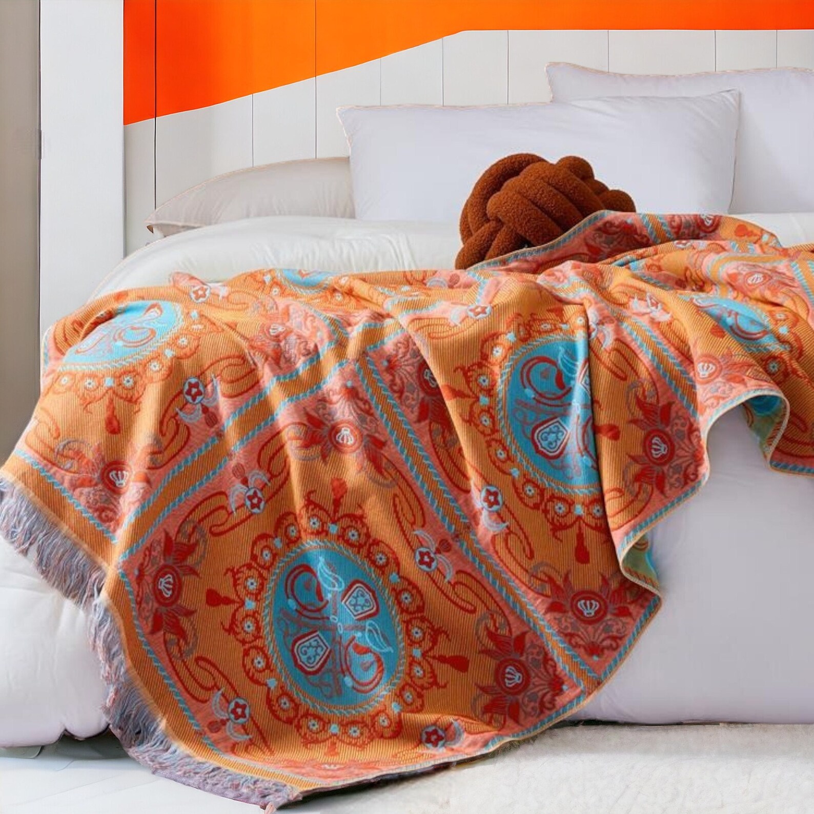 Orange Ethnic Throw Blanket Cotton Blend Throw Unique Sofa Cover ...