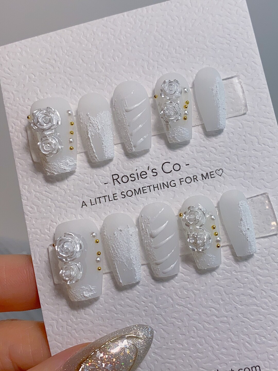 Reusable White Matte Roses/ Handmade Nails / Faux Nails / Luxury Nails ...