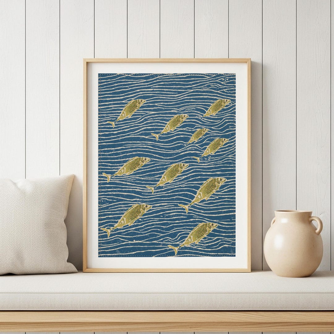 Golden Fish Flow – Stylized Ocean Life With Wave Pattern - Etsy