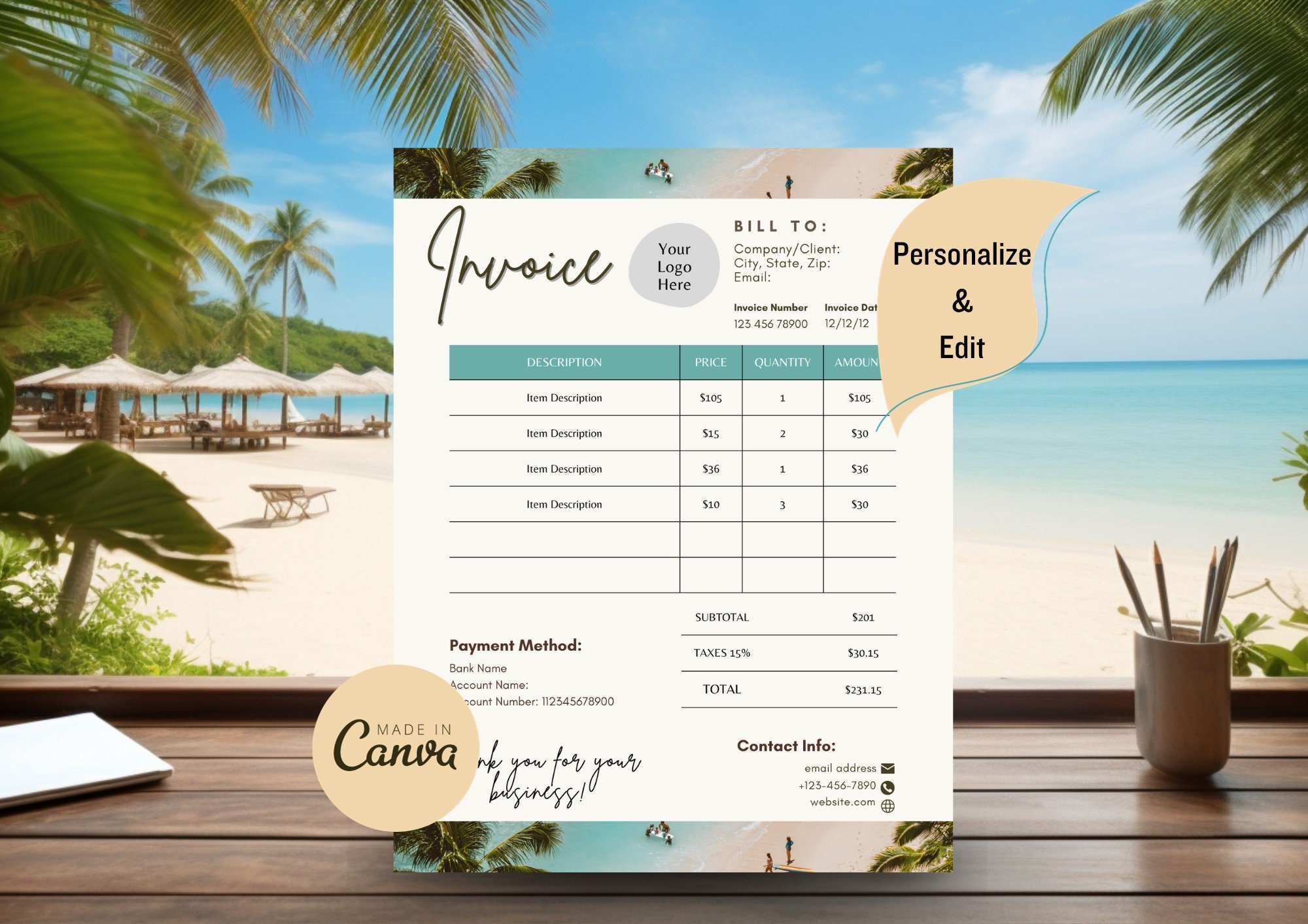 Invoice Template Editable, Tropical, Printable Custom Order Form, Small ...