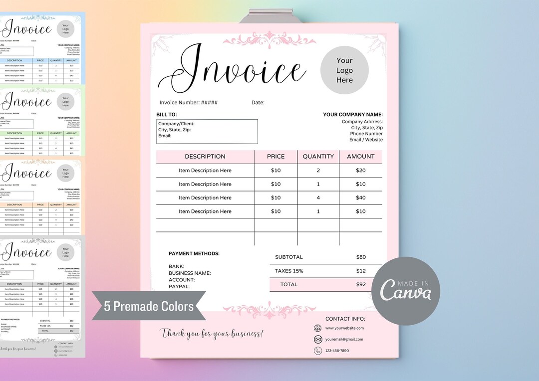 Invoice Template Editable, 5 Premade Colors, Small Business Custom ...