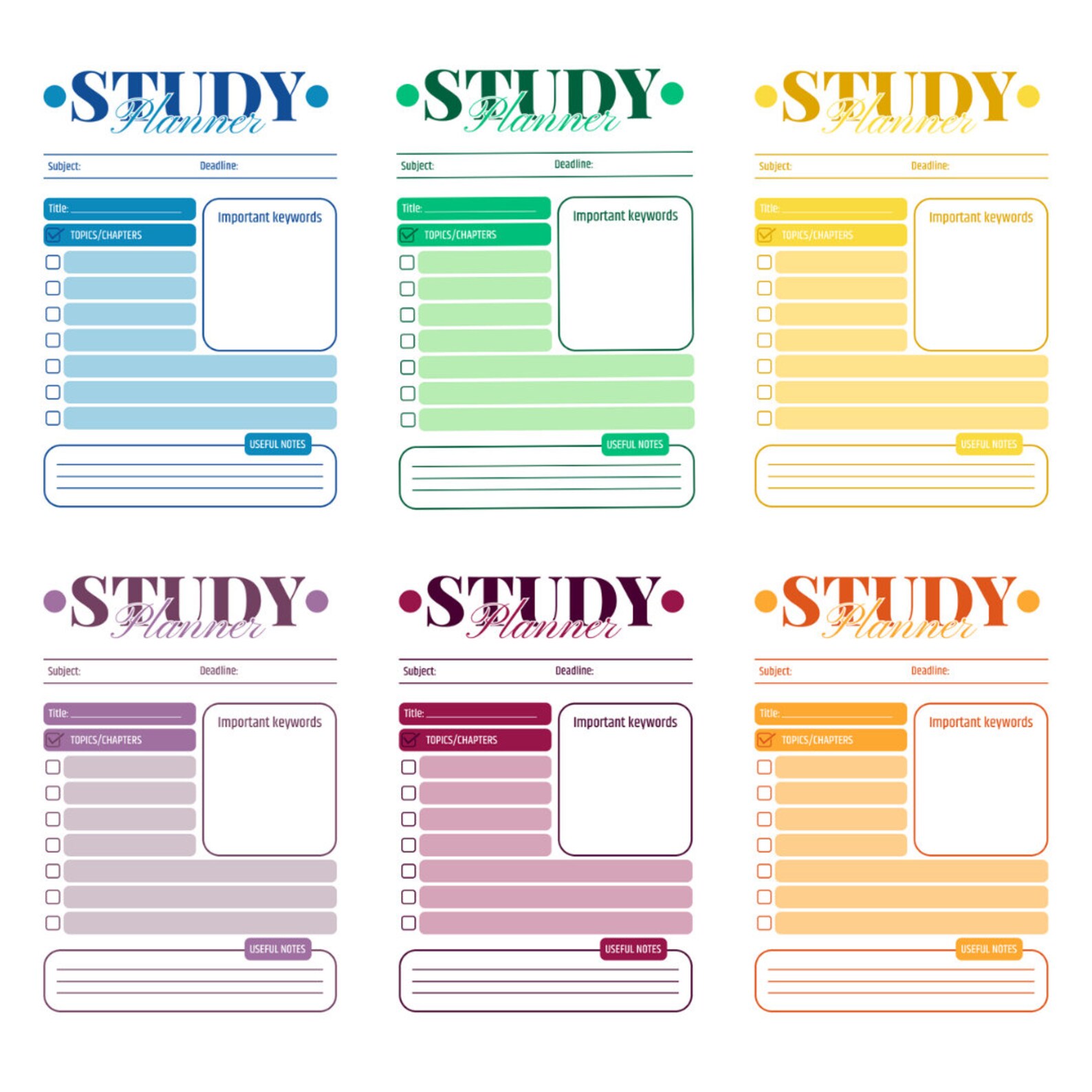 PRINTABLE Study Planner SIX COLORS - Etsy