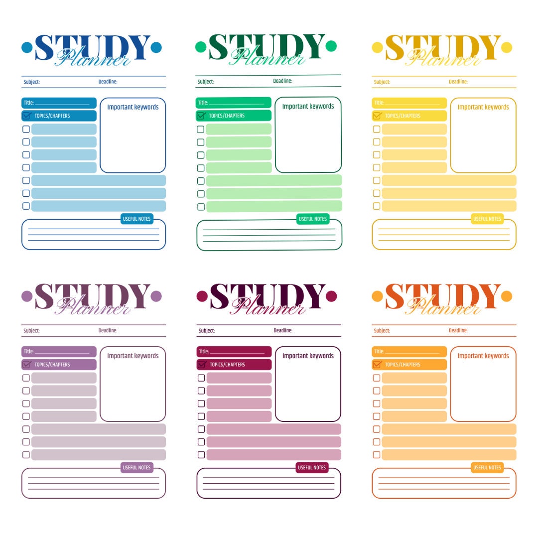 PRINTABLE Study Planner SIX COLORS - Etsy