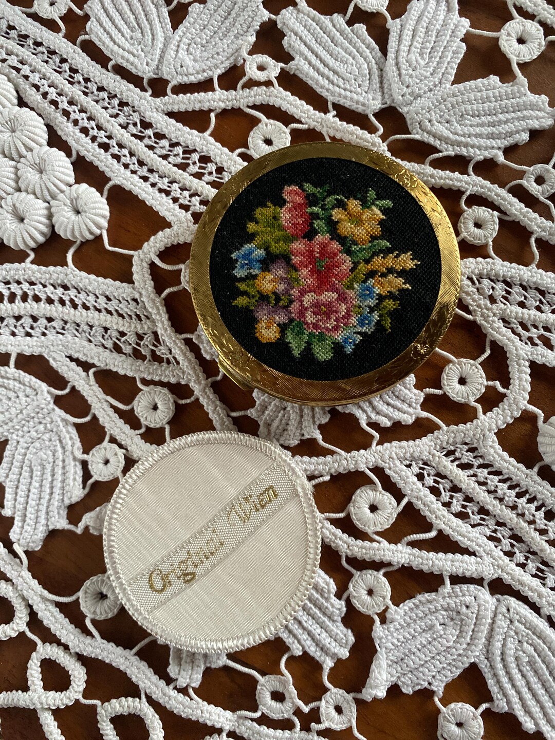 Vintage Petit Point Brass Compact Powder Box Powder Compact With Floral ...