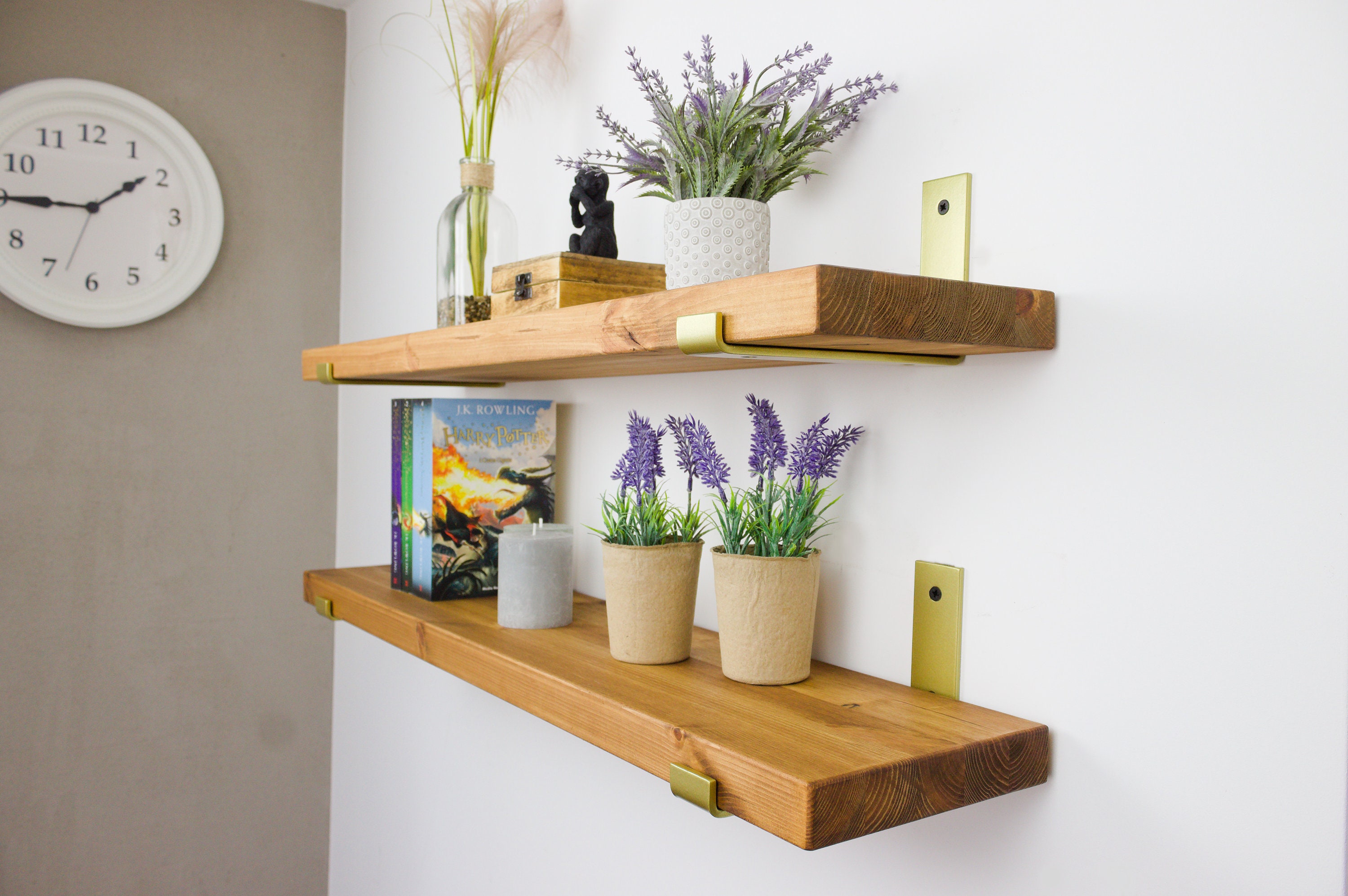 LOFT WALL SHELF, Golden Brackets,pine, 37mm,boho, Vintage, Industrial ...