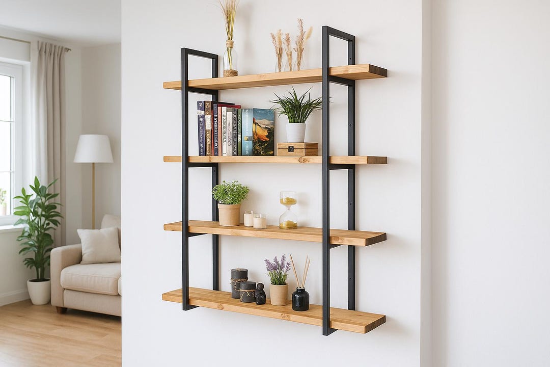 WOODEN LOFT RACK, Industrial Shelf, Bookshelf, Living Room Rack, Rustic ...