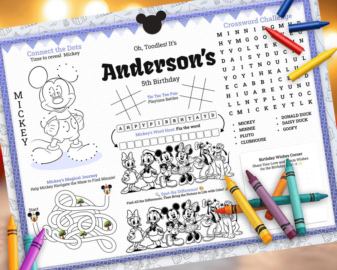 Mickey Mouse Birthday Placemat: Printable Activity Sheet (digital ...
