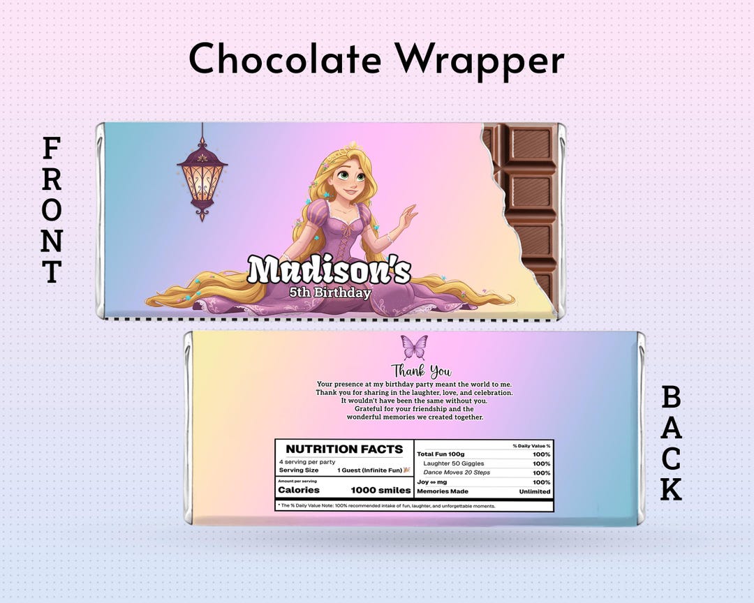 Rapunzel Chocolate Bar Label, Chocolate Wrapper Template for Birthday ...